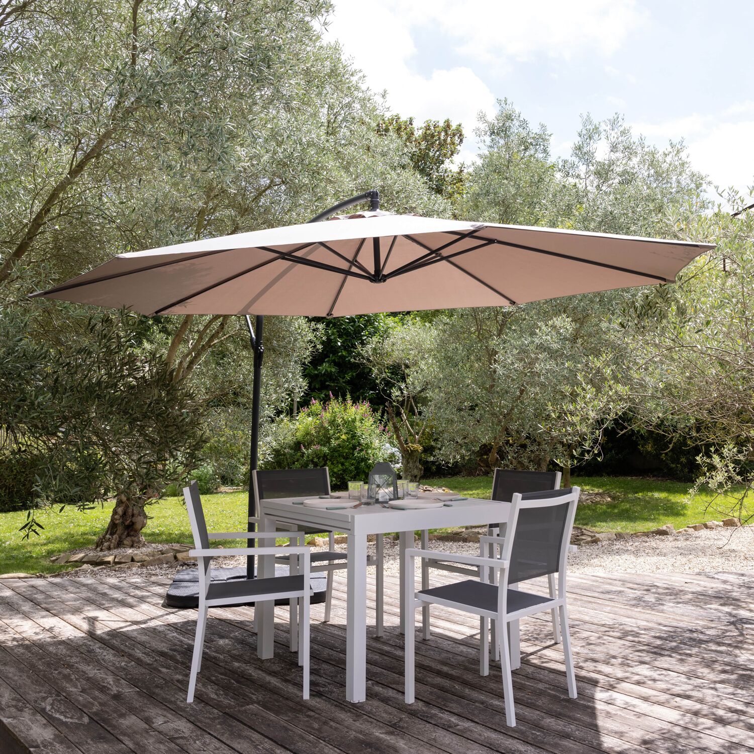 Parasol déporté inclinable rond 3x3 Taupe + Housse