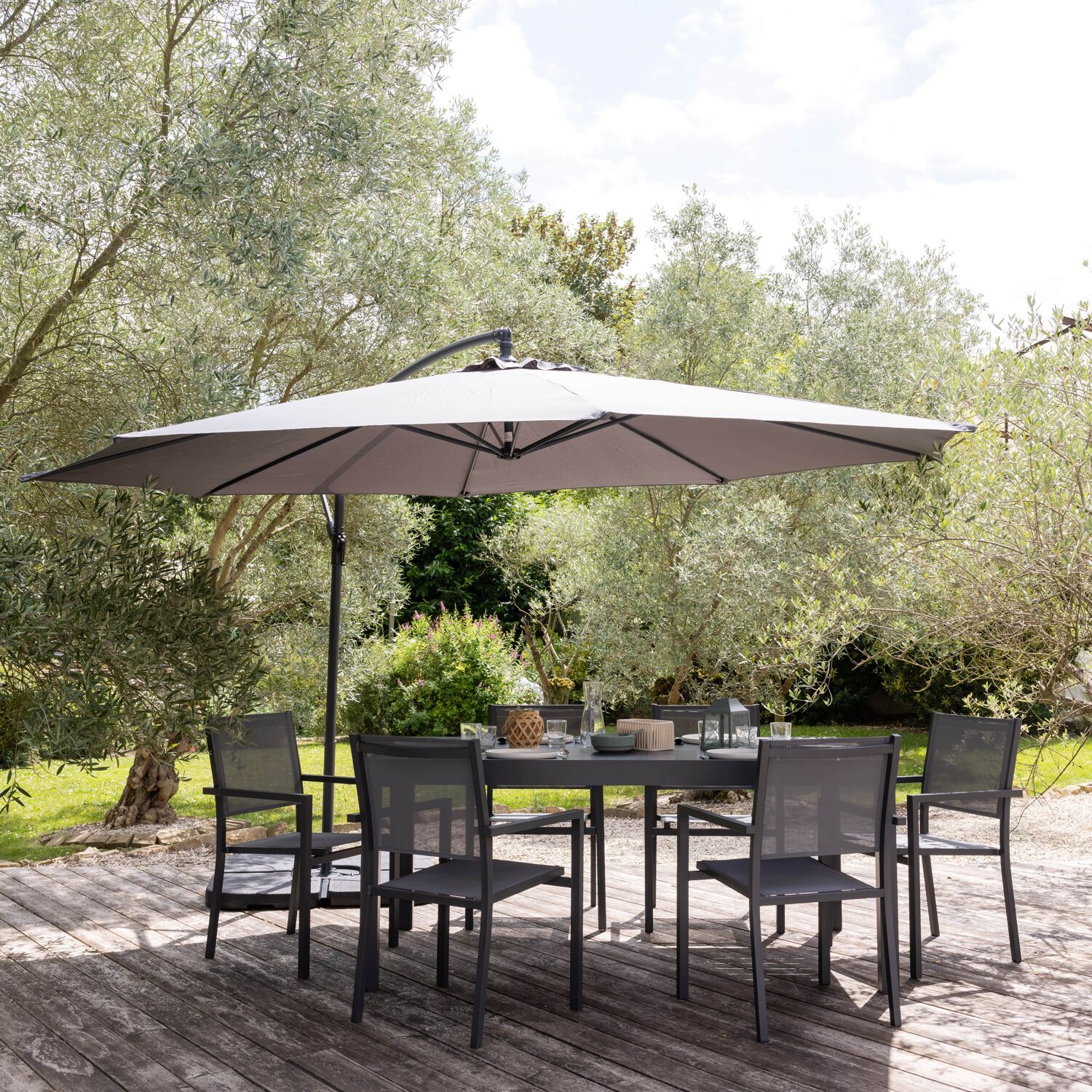 Parasol déporté inclinable rond 3.50m gris - Happy Garden